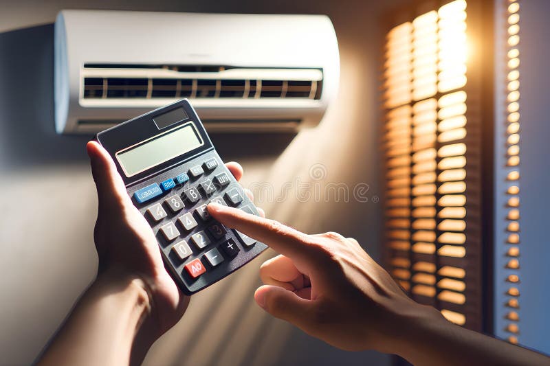 Hand Pressing Buttons on a Calculator in Front of a Working Air ...