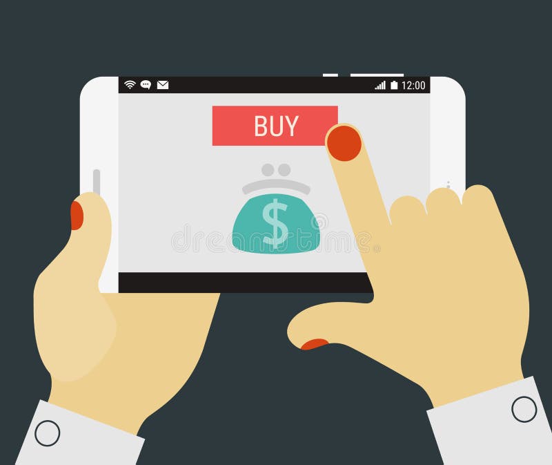Hand Pressing Buy Button on Mobile Device Stock Illustration ...