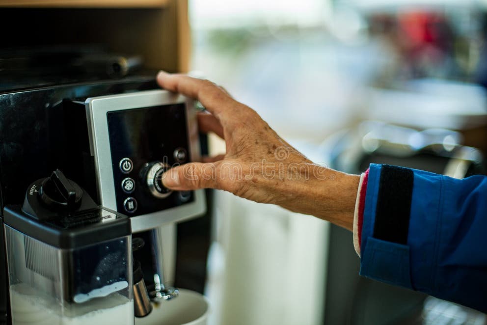 Hand Pressing the Coffee Machine S Button Stock Image - Image of home ...