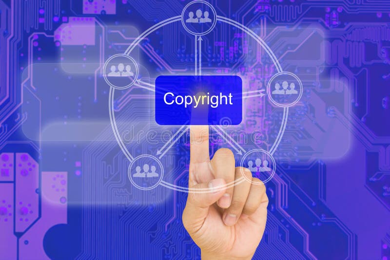 Hand Pressing Copy Right Button on Interface with Blue PCB Bord Stock ...