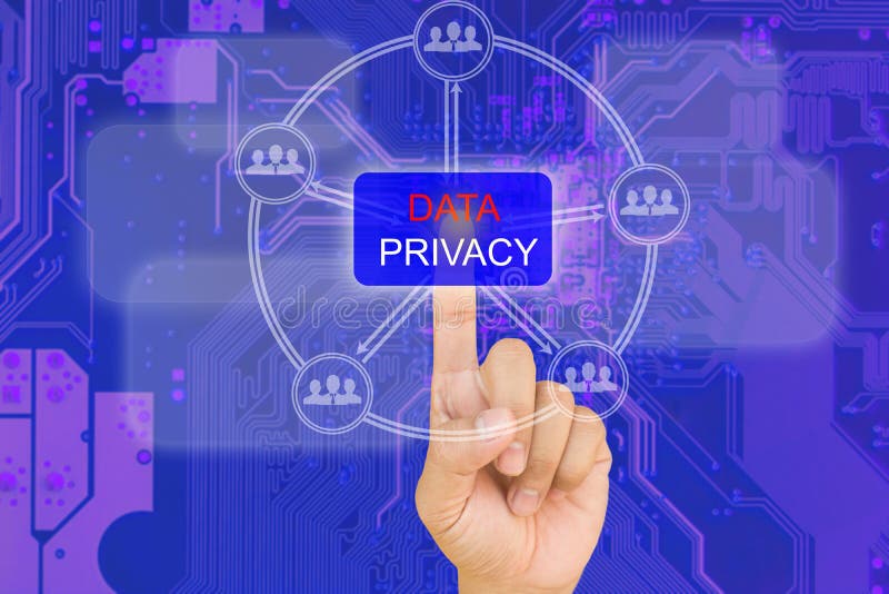 Hand Pressing Data Privacy Button on Interface with Blue PCB Bo Stock ...