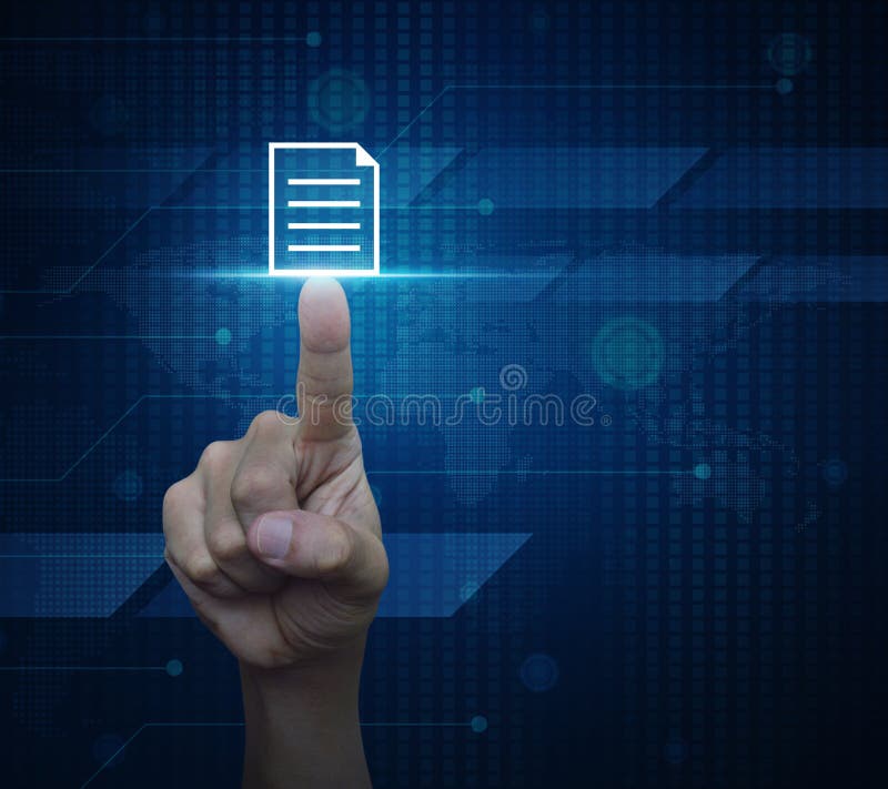 Hand Pressing Document Icon Over Digital World Map Technology St Stock ...