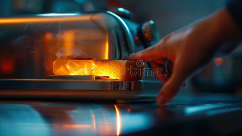A Hand Pressing Down on the Lever of a Toaster with a Small Indicator ...