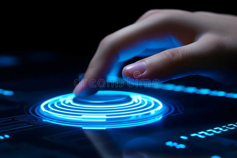 Hand Pressing Electronic Tech Button Blue Neon, Generated AI Stock ...