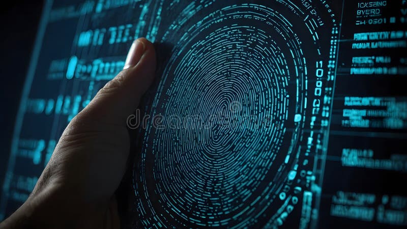 Hand Pressing Futuristic Touchscreen Displaying Biometric Fingerprint ...