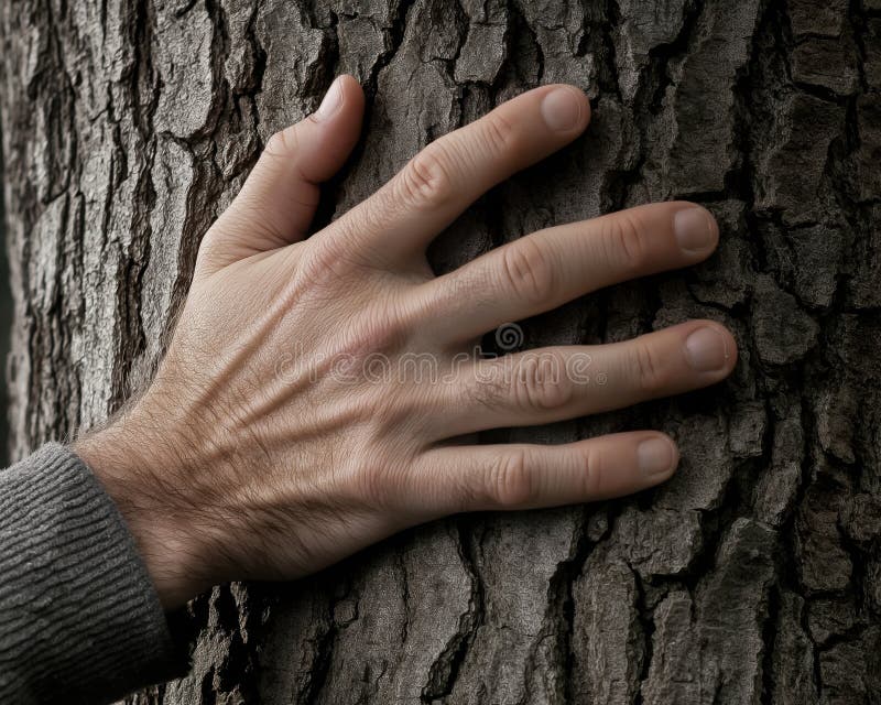 Hand Pressing Gently Against a Rough Tree Trunk Texture Symbolizing ...