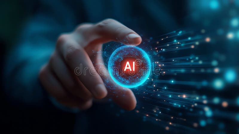 Hand Pressing Glowing AI Button, Digital Interface, Futuristic Concept ...