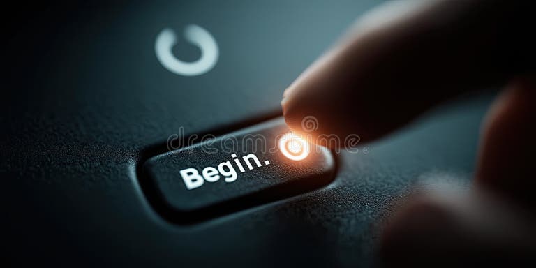 Hand Pressing Glowing Begin Button, Minimalist Style, Dark Background ...