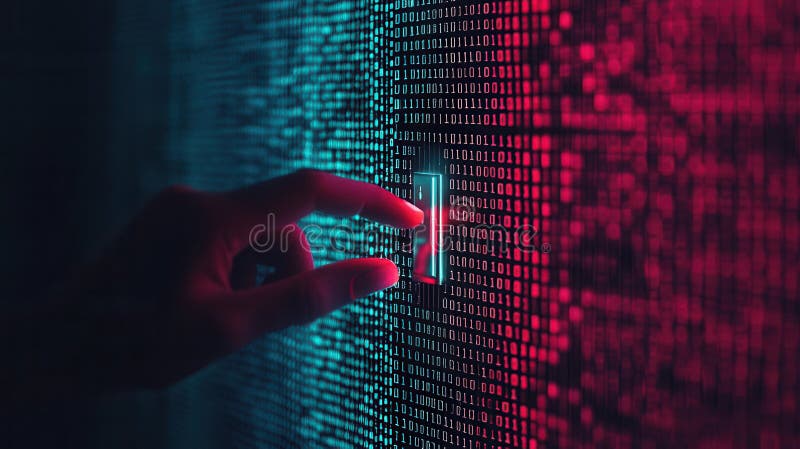 A Hand Presses a Glowing Switch Embedded in a Wall of Binary Code, Symbolizing Data Control ...