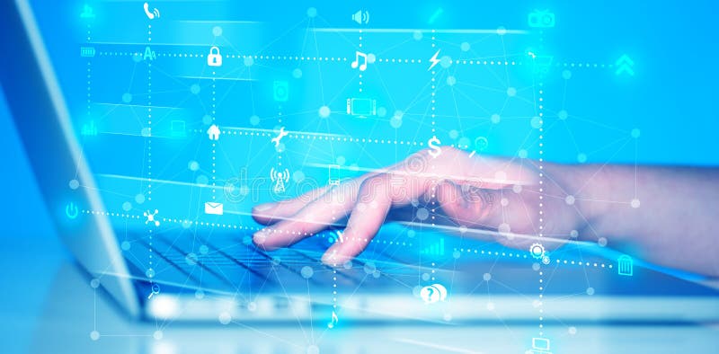 Hand Pressing Keyboard with High Tech Media Icons Stock Image - Image ...