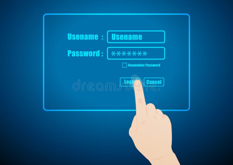 Hand Pressing Login Touchscreen Button To Access the Internet we Stock ...