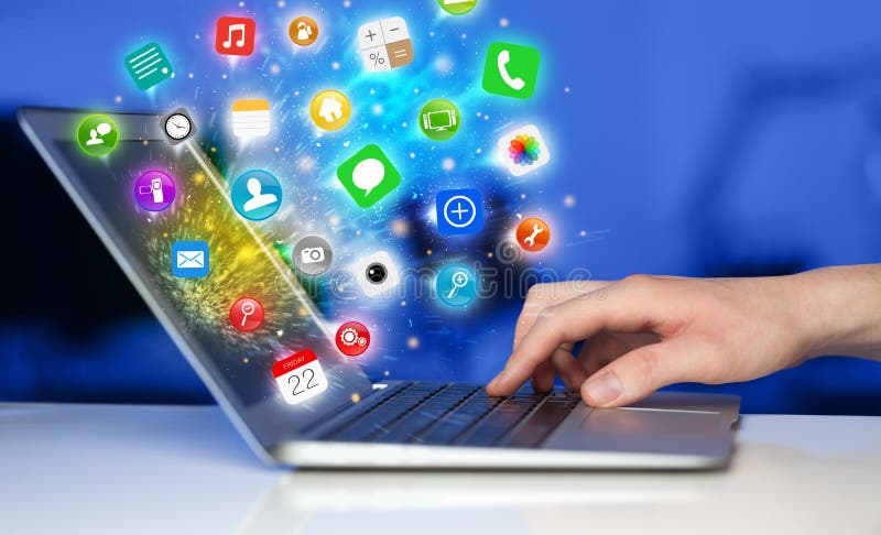 Hand Pressing Modern Laptop with Mobile App Icons and Symbols Stock ...