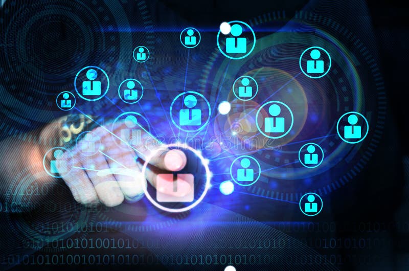 Hand Pressing Modern Social Buttons Stock Photo - Image of interaction ...