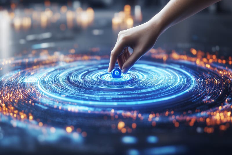 Hand Pressing Neon Blue Tech Button on Futuristic Digital Interface ...