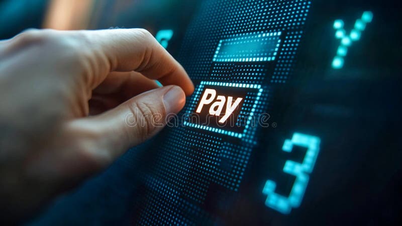 Hand Pressing Pay Button on Digital Display at a Payment Terminal Stock ...