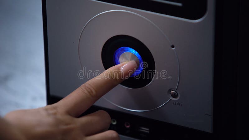 Hand Pressing Power Button Desktop Computer, Modern Personal Computer ...