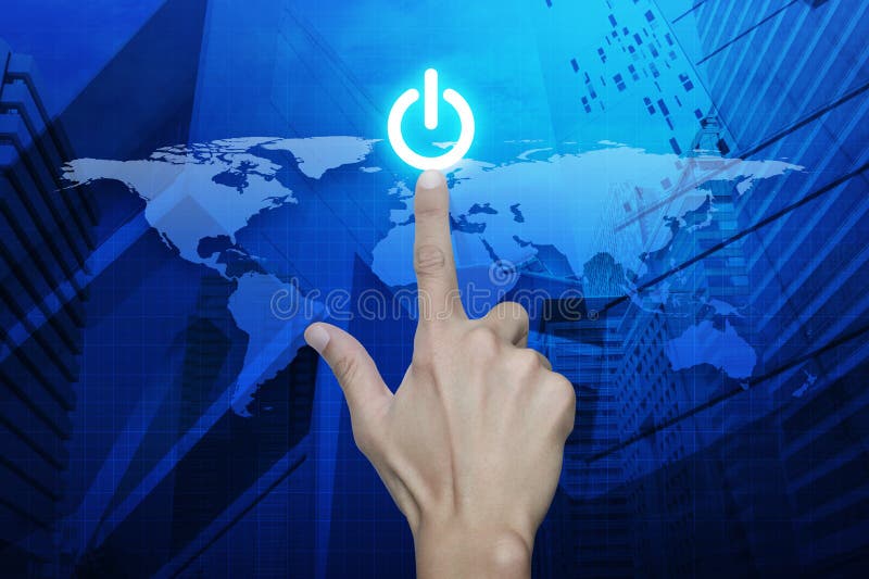 Hand Pressing Power Button Over Map and City Tower, Elements of Stock ...