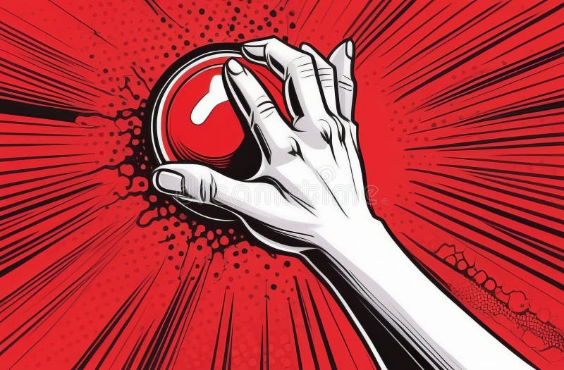 Hand Pressing Red Button in Comic Style on Red Background. Stock ... Hand Pressing Red Button in Comic Style on Red Background. Stock ...