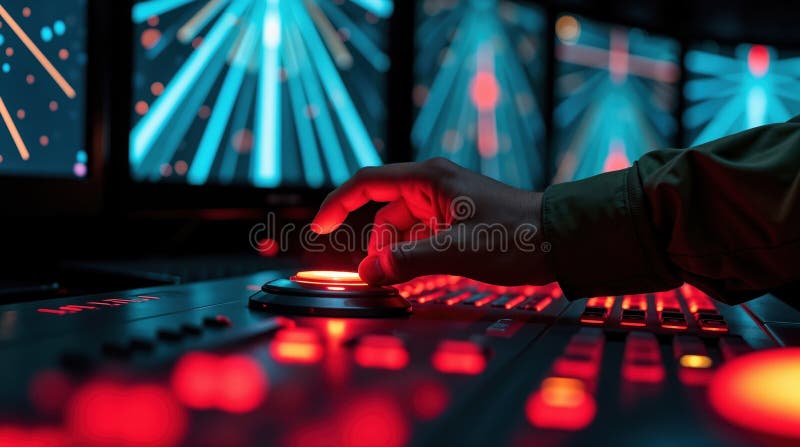 Hand Pressing Red Button on Control Panel, Military Theme Stock ...