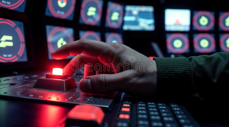 Hand Pressing Red Button in a Military Control Center Stock ...