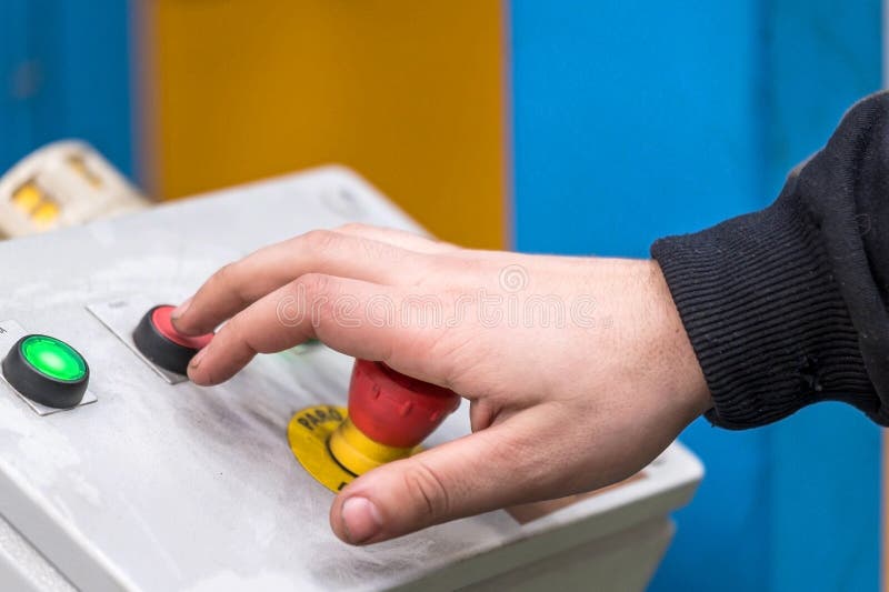 Hand Pressing the Red Emergency Button or Stop Button for Industrial ... Hand Pressing the Red Emergency Button or Stop Button for Industrial ...