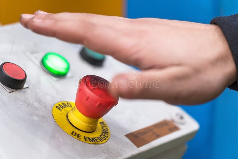 Hand Pressing the Red Emergency Button or Stop Button for Industrial ...