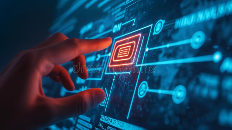 Hand Pressing Red Holographic Button Stock Illustration - Illustration ...