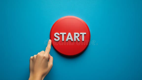 A Hand Pressing a Red Start Button on a Blue Background, Symbolizing ...