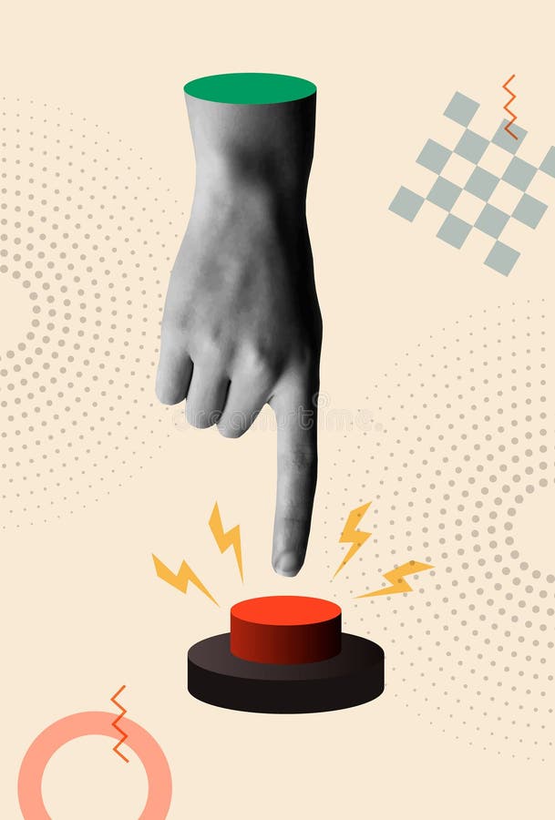 Hand Pressing the Red Start Button in Retro Collage Vector Illustration ...