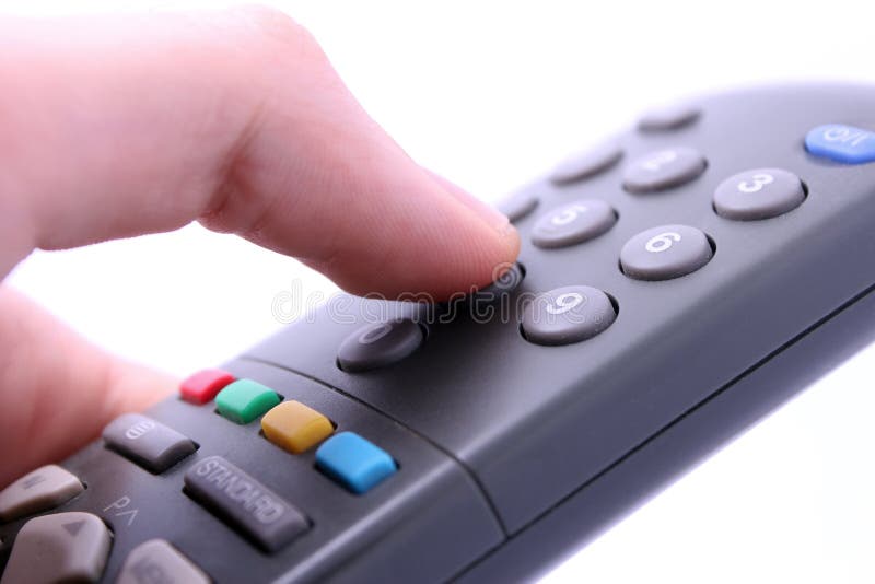 Hand Pressing Remote Control Button Isolated on White Stock Photo ...