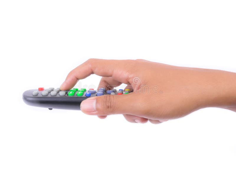 Hand Pressing Remote Control Stock Image - Image of color, isolate ...