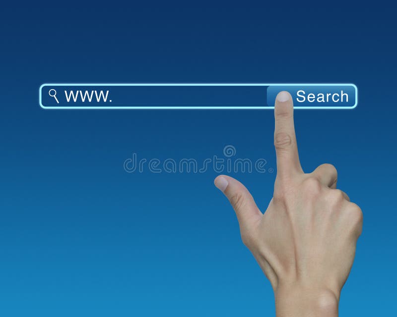 Hand Pressing Search Button Over Blue Background, Searching Internet ...
