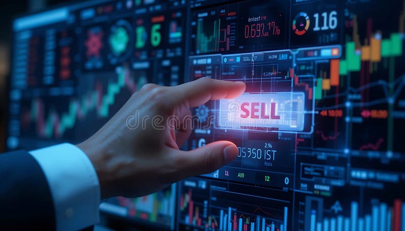 Hand Pressing Sell Button on Futuristic Stock Market Trading Interface ...