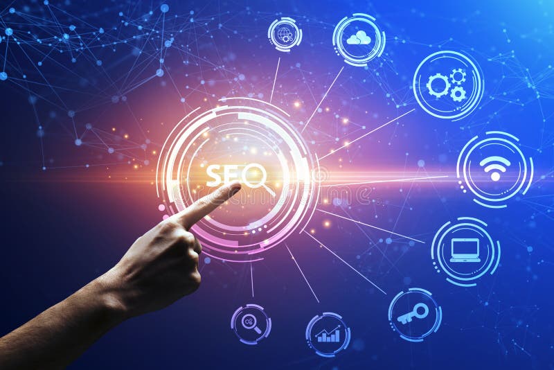 Hand Pressing Seo Keyword on Virtual Panel, Blue Background, Collage ...