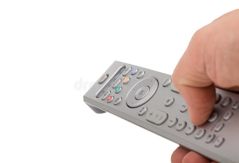 Hand Pressing Silver Remote Control Isolated on White Background Stock ...