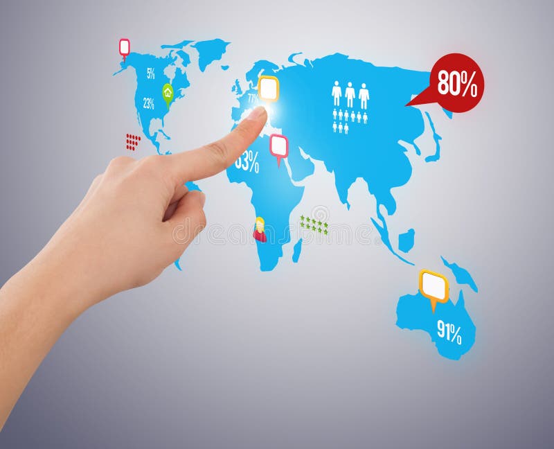 Hand Pressing Social Media Button on Digital Map Stock Photo - Image of media, marketing: 38038048