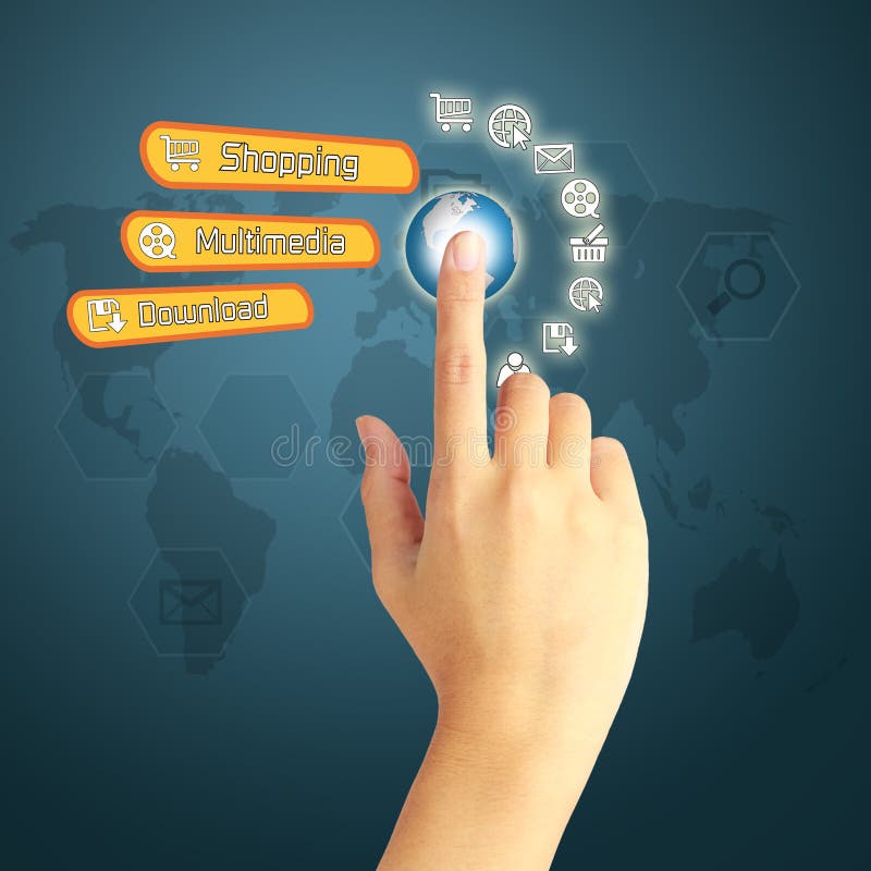 Hand Pressing Social Media Icon on Blue Background with World Ma Stock Photo - Image of network ...