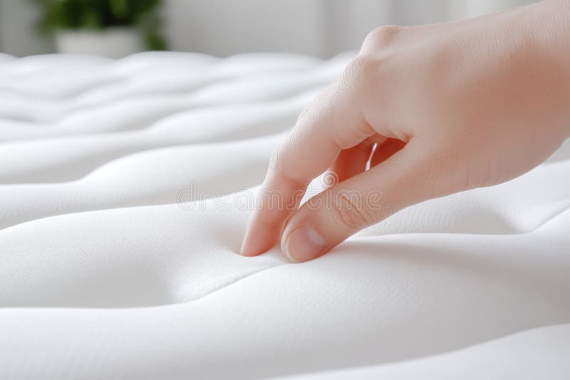 Hand Pressing into Soft Memory Foam Mattress Surface in Bright Bedroom ...