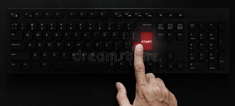 Hand Pressing Start Button on Computer Keyboard Stock Image - Image of ...