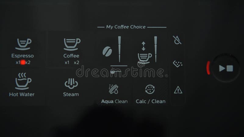 Hand Pressing the Touch Button on a Coffee Machine. Coffee Preparation ...