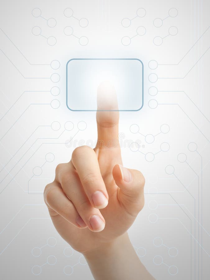 Hand Pressing Virtual Button Stock Image - Image of hightech, blue ...