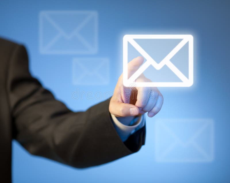 Hand Pressing Virtual Mail Button on Touchscreen Stock Photo - Image of ...