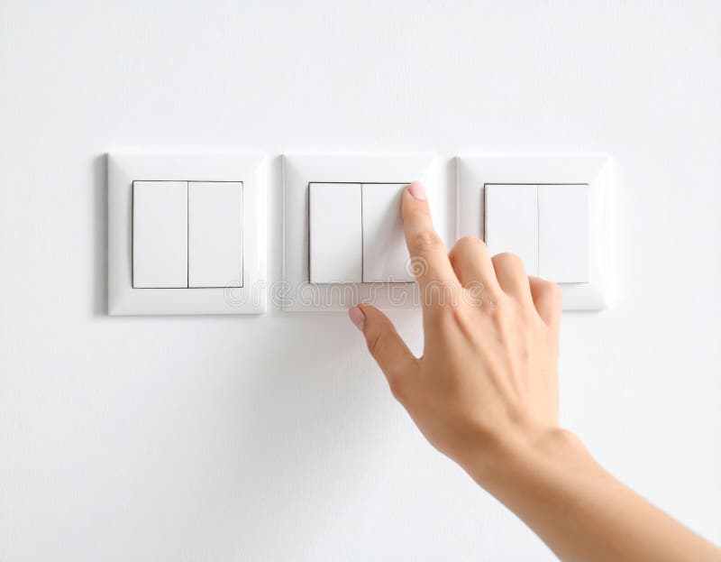 Hand Pressing White Light Switch on Wall Stock Photo - Image of female ...