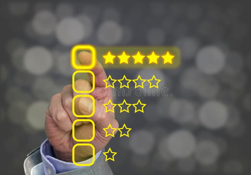 Hand Pressing Yellow Five Star Button of Performance Rating Stock Photo ...