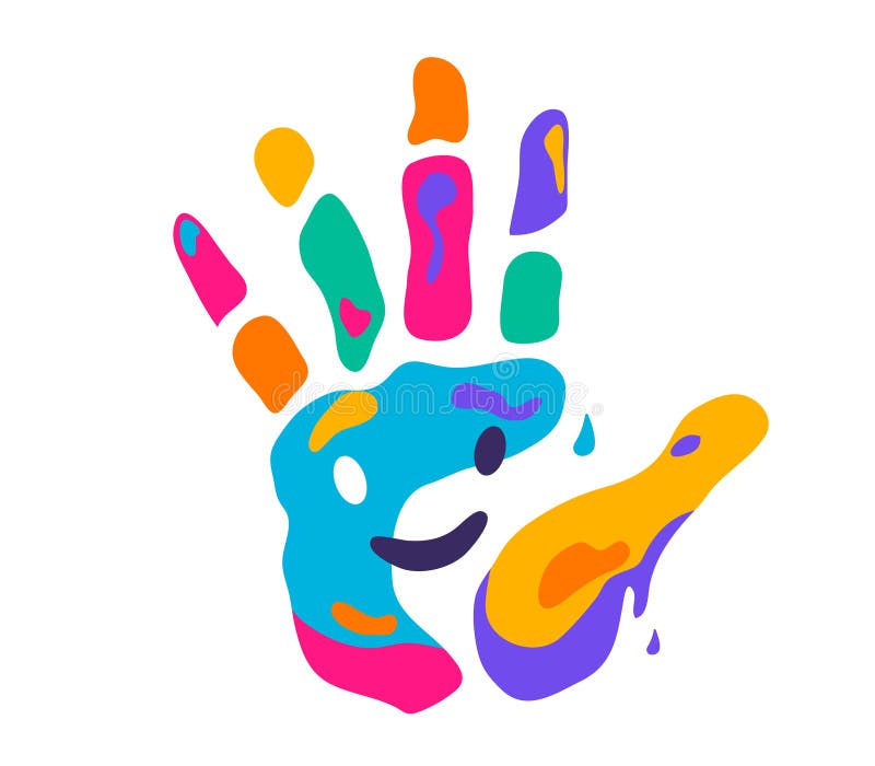 Hand Print, Multicolor Paints with Paint Liquid Drops and Smile Face ...