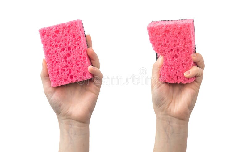 Hand without Protective Glove Using Red Kitchen Sponge Isolated on a ...