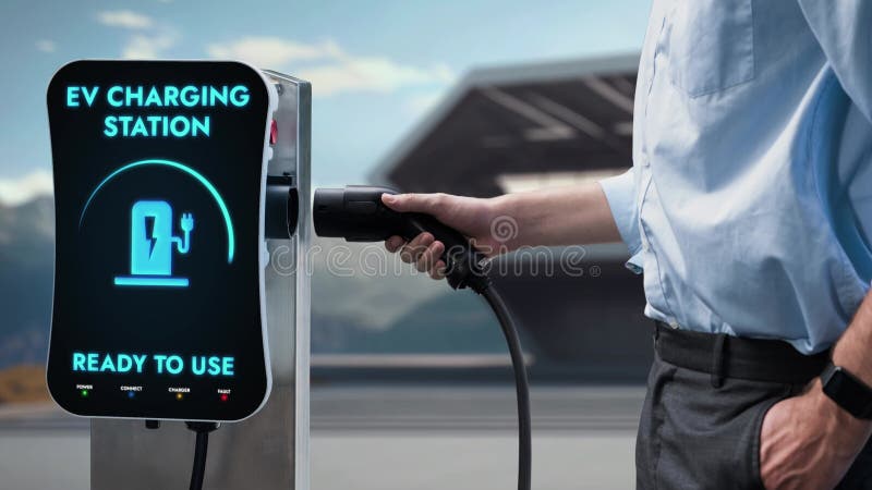 Electric Charging Station with EV Charger for Electric Vehicle in Park ...