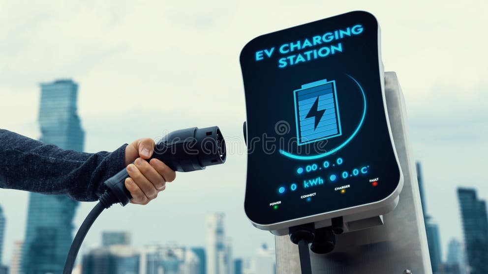 Hand Pull and Hold EV Charger from Empty Screen Charging Station ...