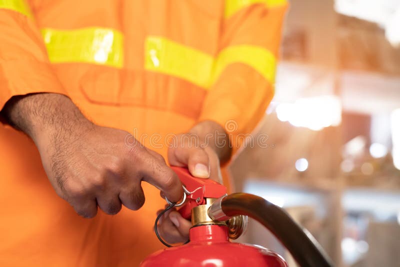 Hand Pull Latch Presses the Trigger Fire Extinguisher Stock Photo ...