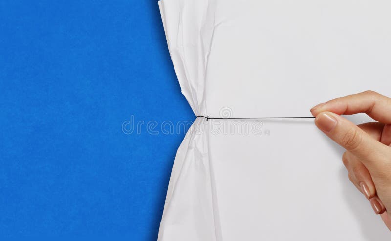 Hand Pull Rope Open Wrinkled Paper Show Blue Background Stock Photo ...